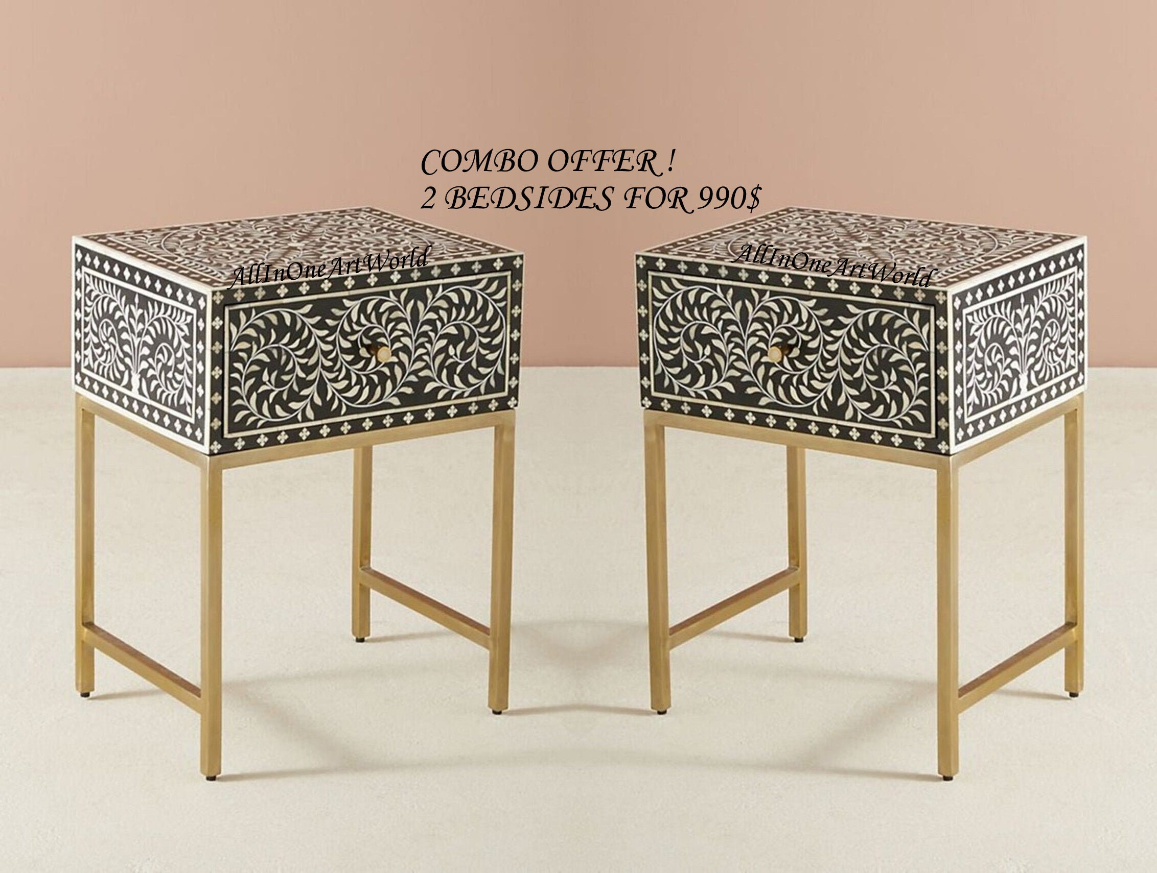 COMBO Bone Inlay Floral Bedside Table Black, 2 Bone Inlay Floral Design ...