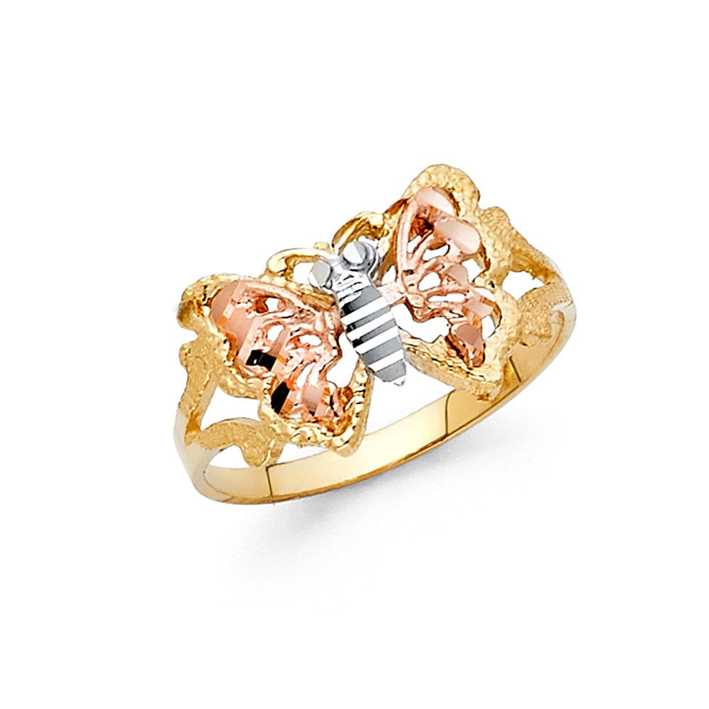 14k Tri Color Italian Solid Gold Fancy Butterfly & Hummer Shank Ring ...