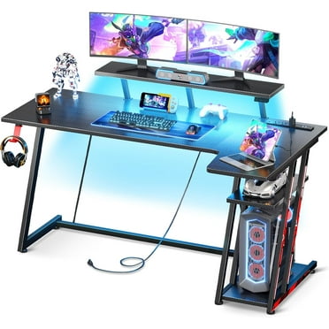 55 Inch Computer Desk with Monitor Stand, Small Gaming Desk with LED ...