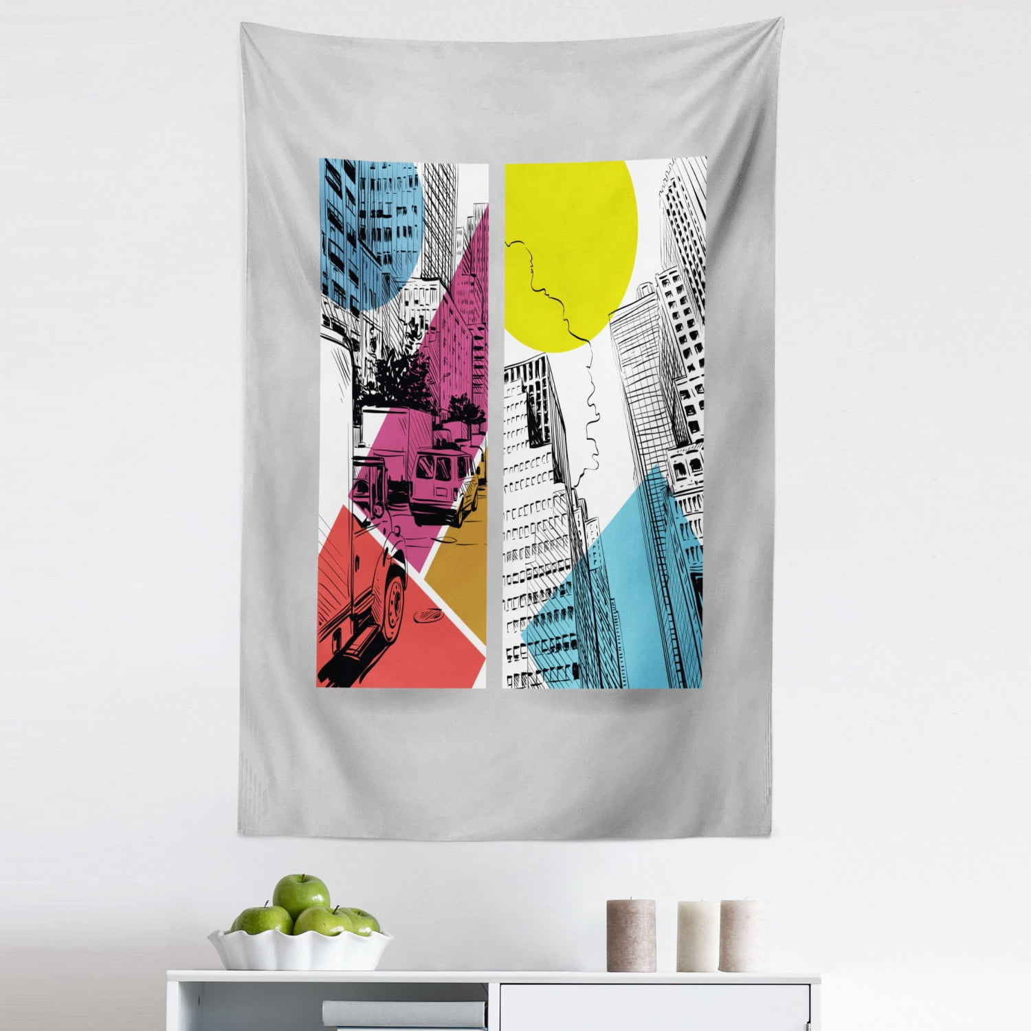 City Tapestry, Urban Illustration Comic Strip Design Trucks and Van ...