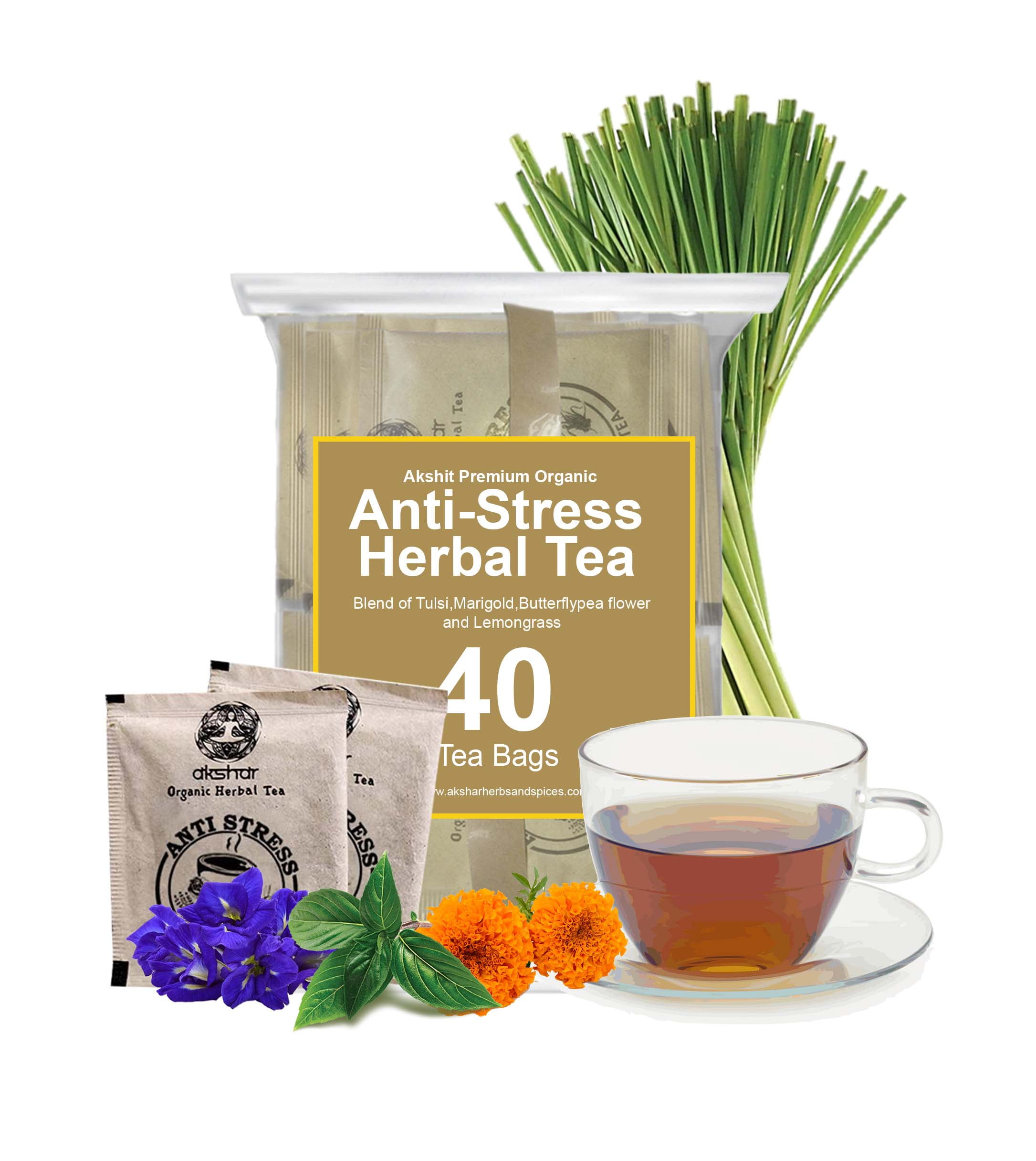 Akshar Organic Anti-Stress Tea - 40Tea Bags, Butterfly Pea Flower ...