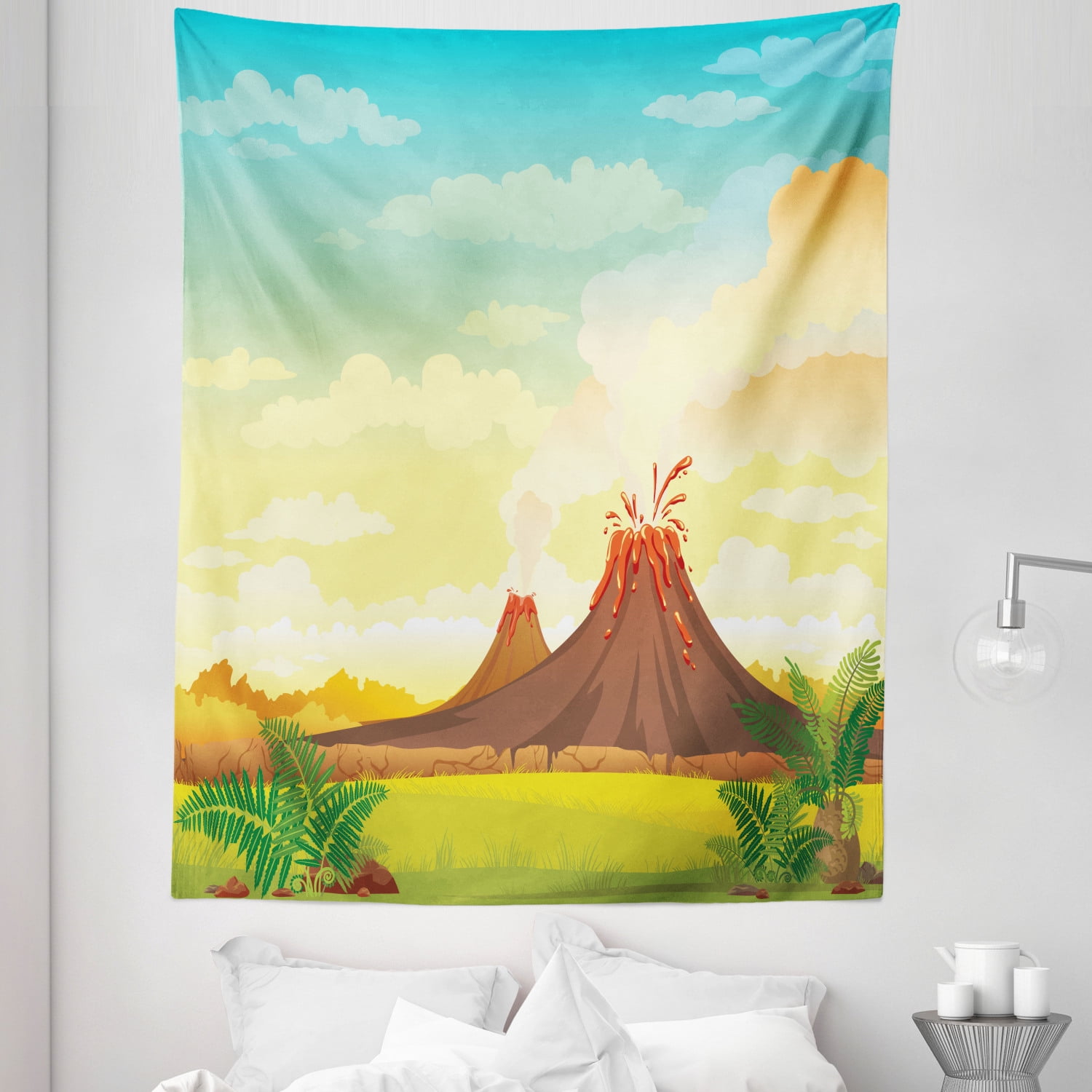 Volcano Tapestry, Prehistoric Mountain Magma View Lava with Clouds ...