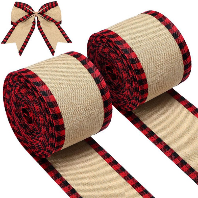 2 Rolls 11 Yards Christmas Burlap Wired Ribbon, Xmas Rustic Linen Cloth ...