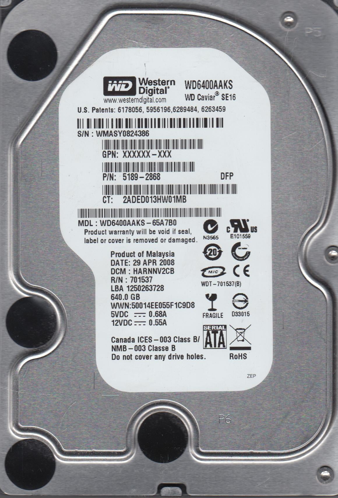 WD6400AAKS-65A7B0, DCM HARNNV2CB, Western Digital 640GB SATA 3.5 Hard ...