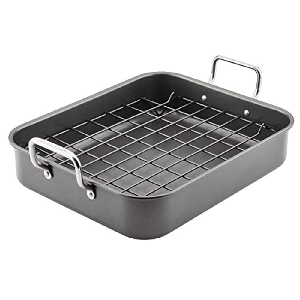 Rachael Ray Nonstick Roasting Pan with Reversible Rack, 16.5-Inch x 13. ...