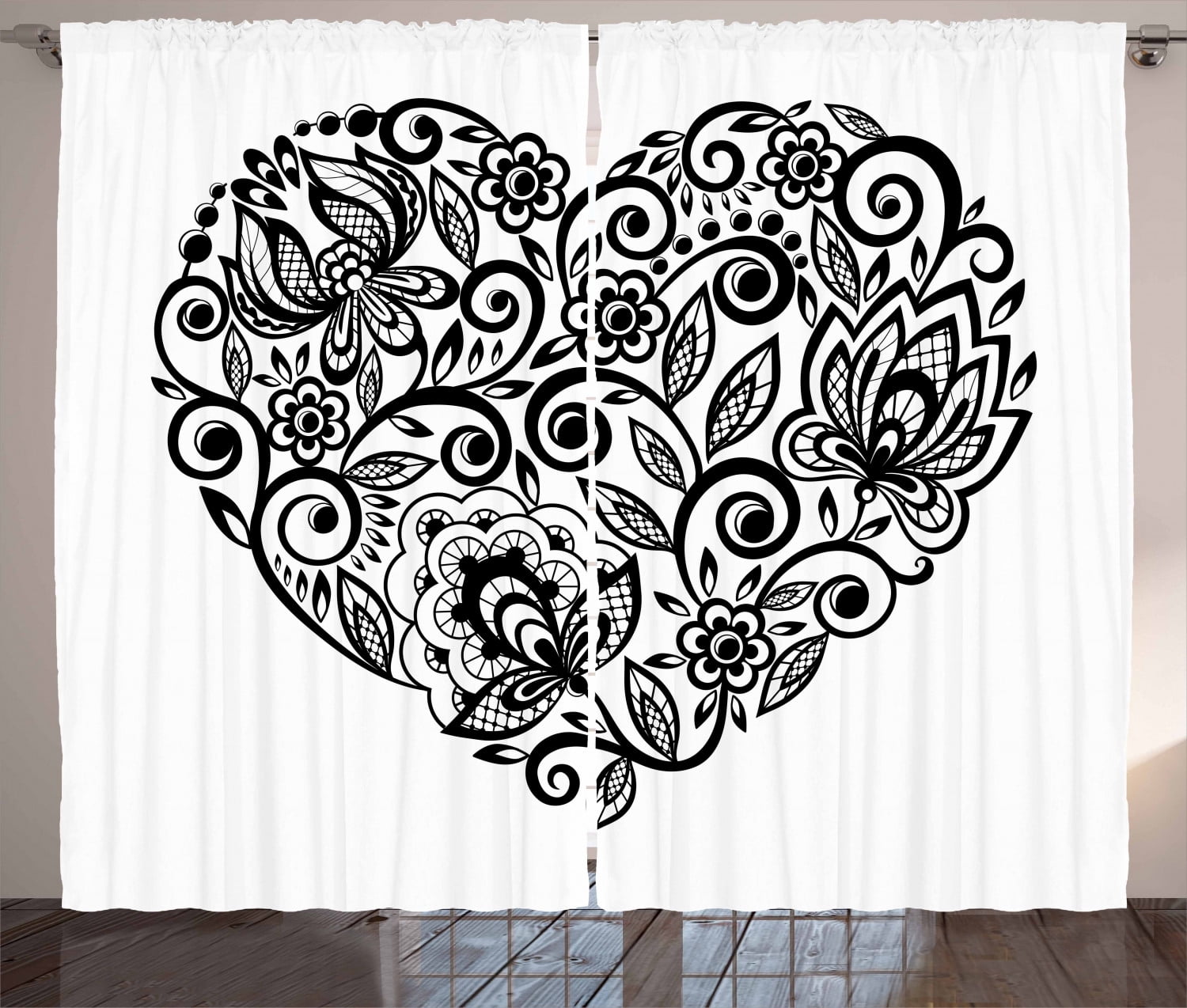 Hearts Curtains 2 Panels Set, Silhouette of Heart Symbol as a Floral ...