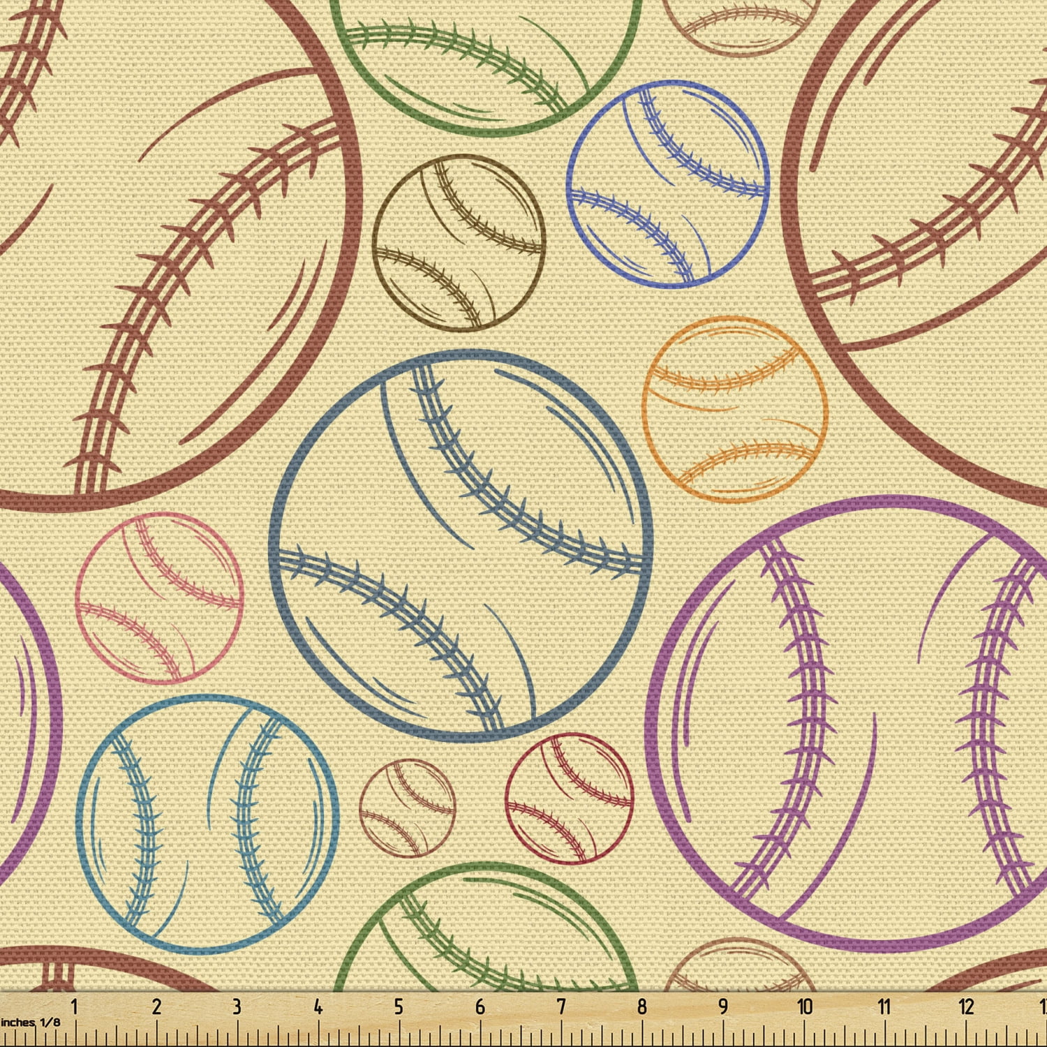 Baseball Fabric by the Yard, Sketch Style Balls Rainbow Colors ...