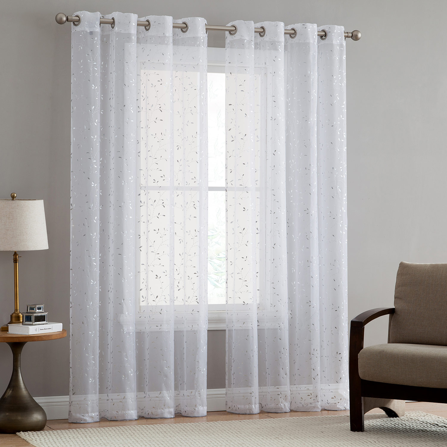 Haven Metallic Leaf Vine Grommet Sheer Window Panel, White-Silver ...