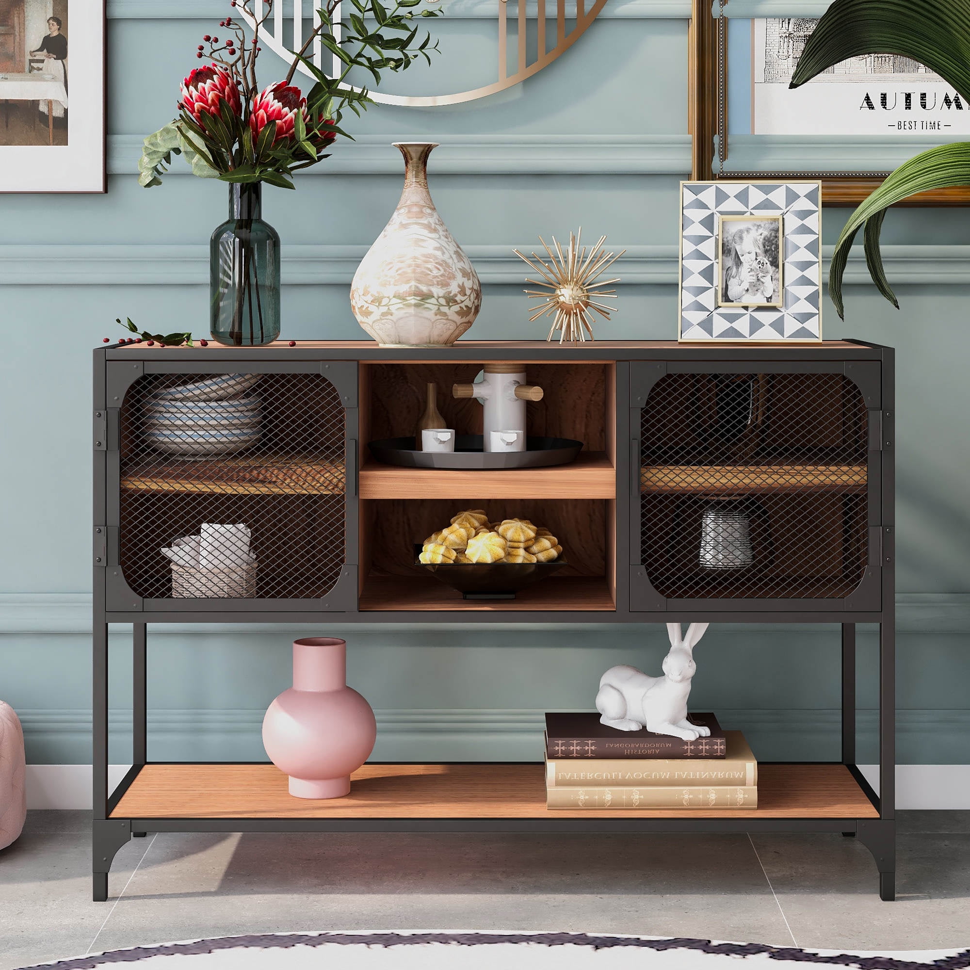 Retro Industrial Console Table with Metal Grid Door and 3 Thicken ...