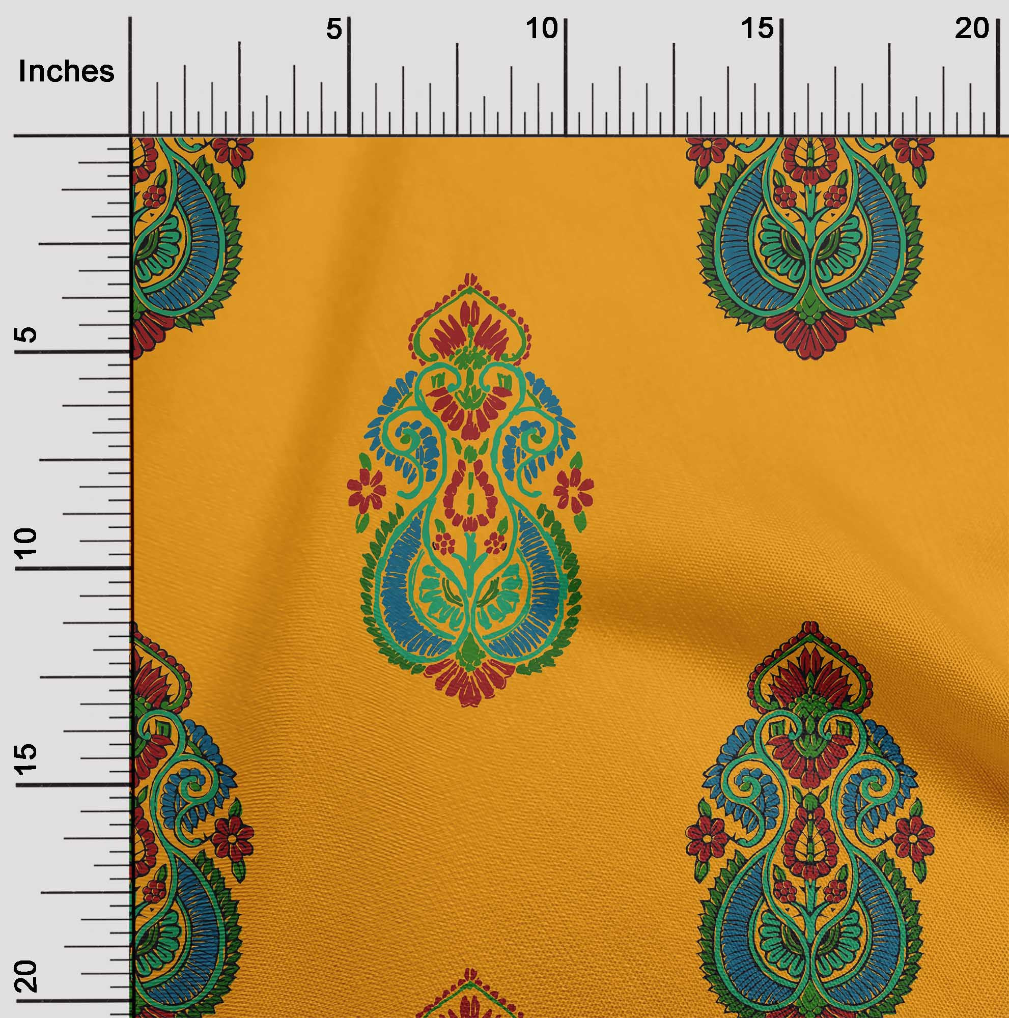 oneOone Viscose Chiffon Mustard Yellow Fabric Floral & Paisley Block ...