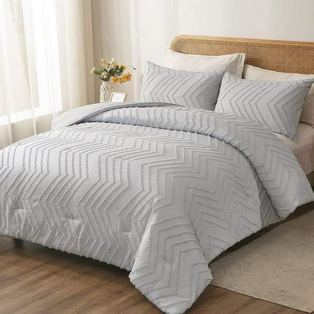 Chevron Tufted Comforter Queen Size, Light Grey Farmhouse Comforter Set ...
