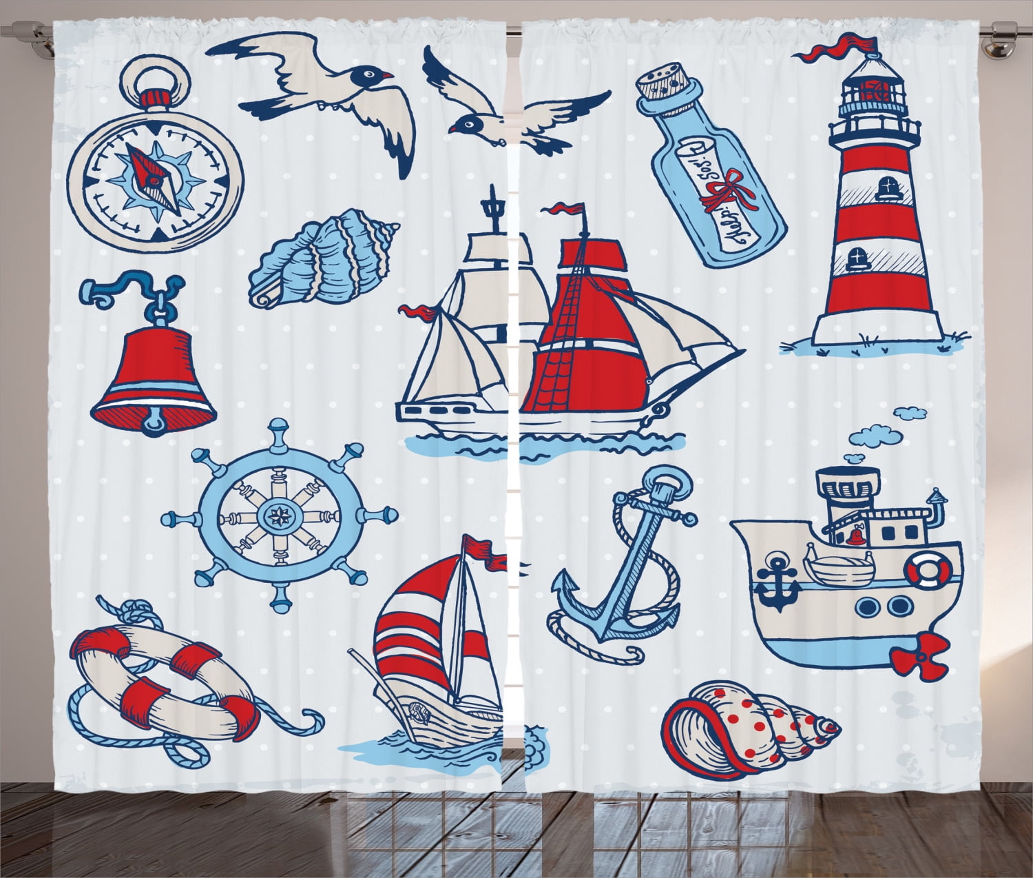Nautical Decor Curtains 2 Panels Set, Sea Creatures Navigation Gulls ...