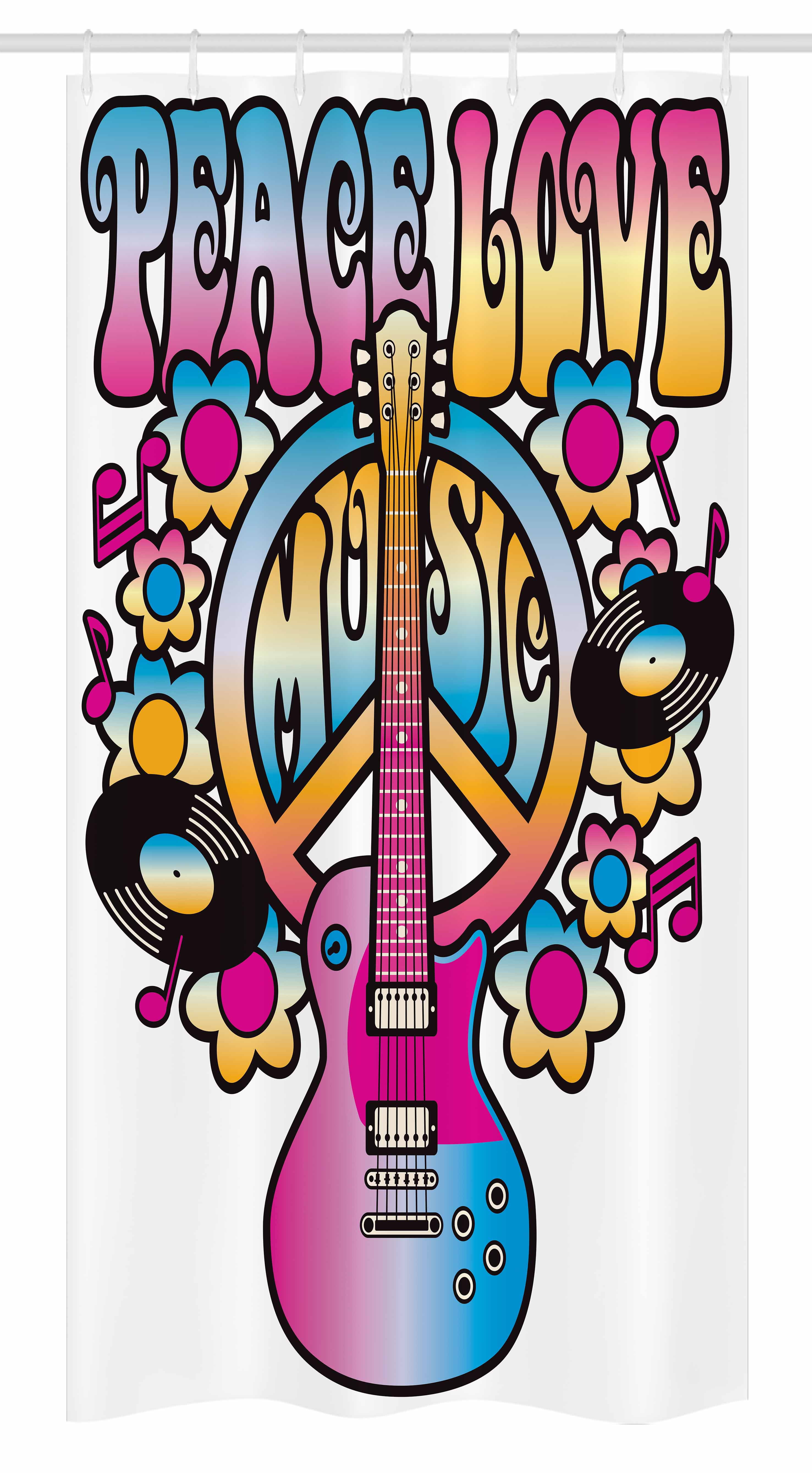 Groovy Stall Shower Curtain, Peace Love Music Text with Peace Symbol ...