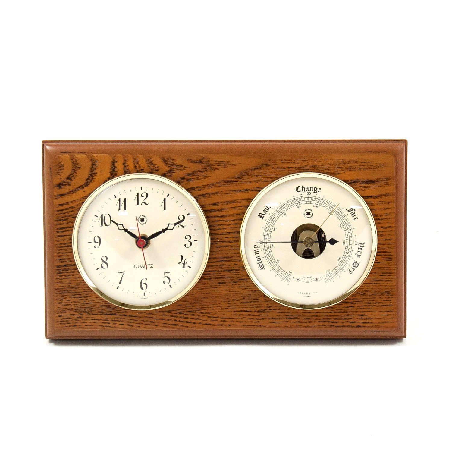 Quartz Clock and Barometer on Oak Wood with Brass Bezel. Wall Mounts ...