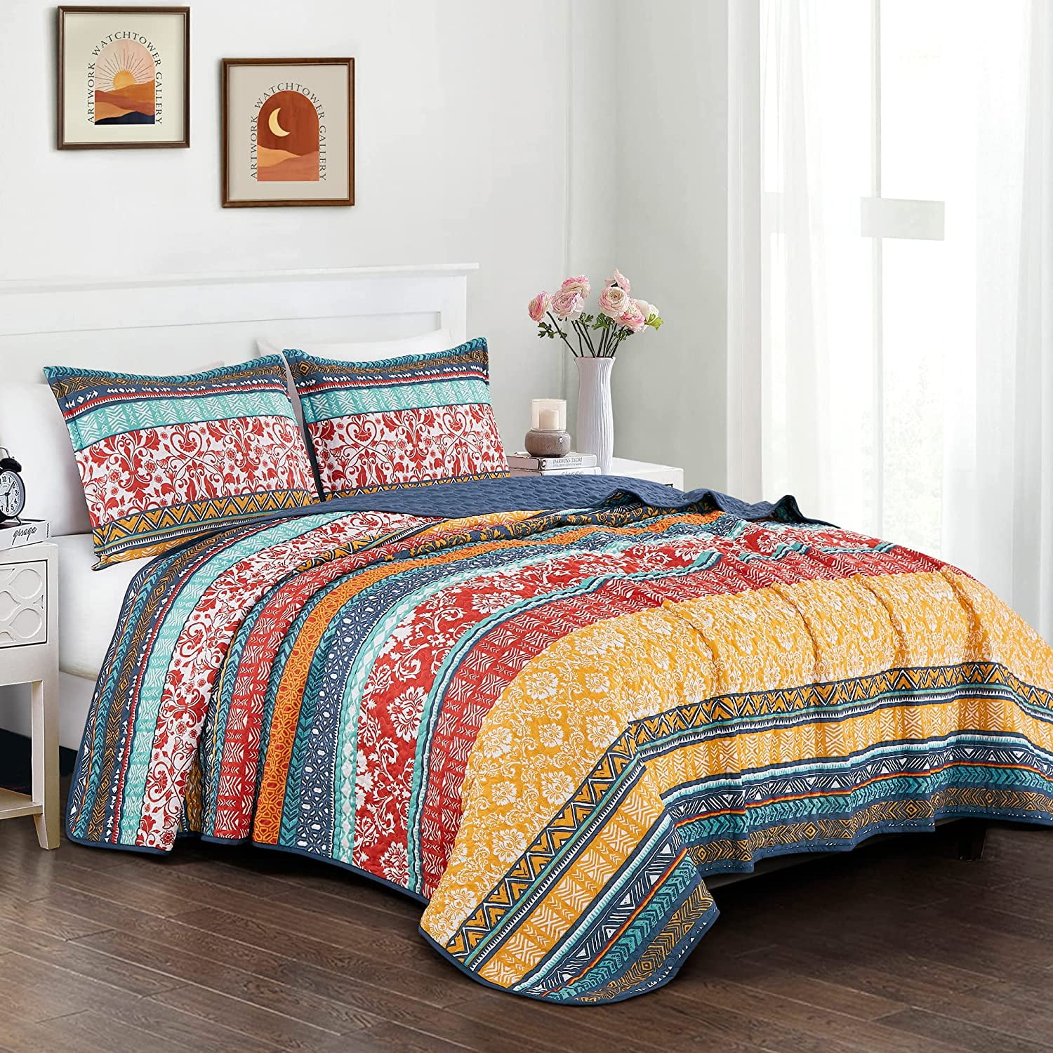 Chezmoi Collection Amara 2-Piece Boho Stripe Quilt Set, Floral Colorful ...