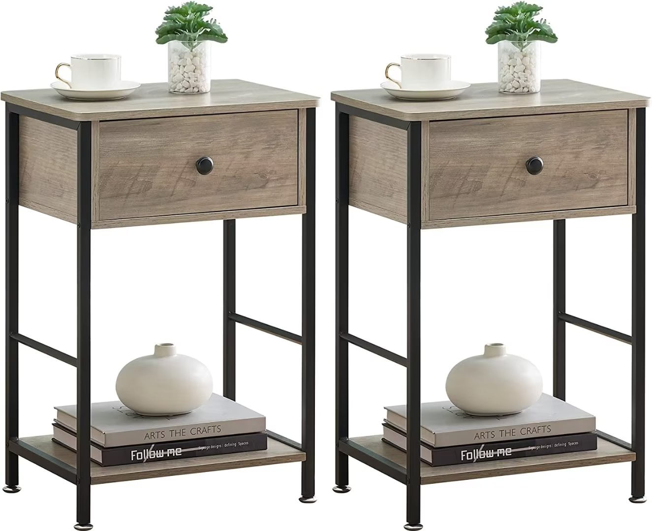 Simzone 2 Pack Nightstand with Drawer and Shelf Wood End Table Side ...