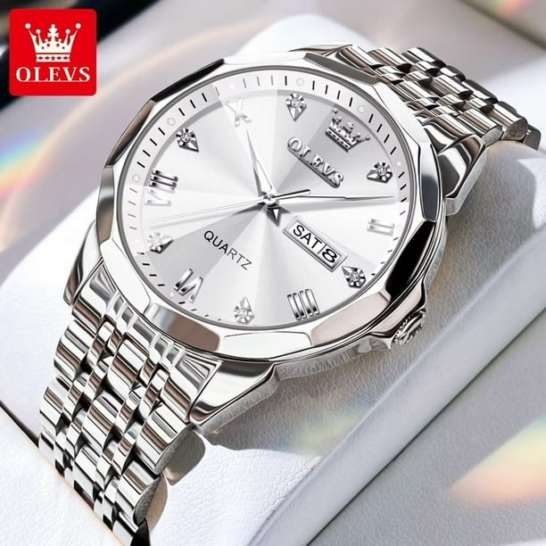 OLEVS Large White Face Mens Watches With Sliver Stainless Steel Strap ...