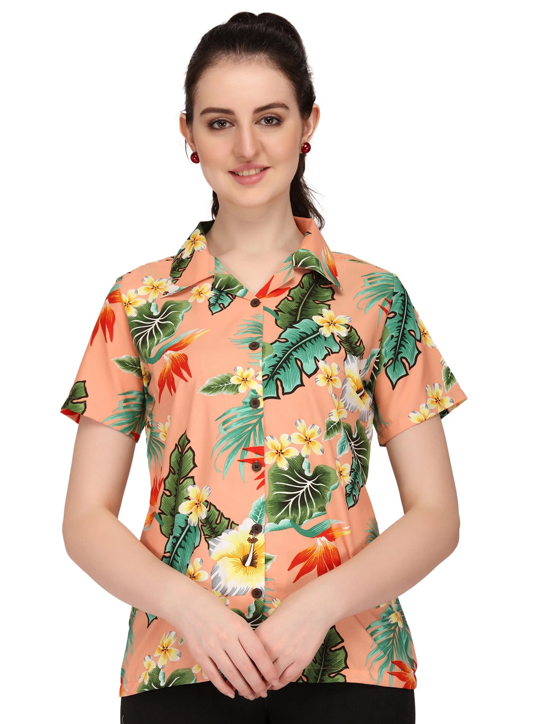 Hawaiian Shirts 46W Womens Flower Leaf Beach Aloha Top Blouse Peach M ...