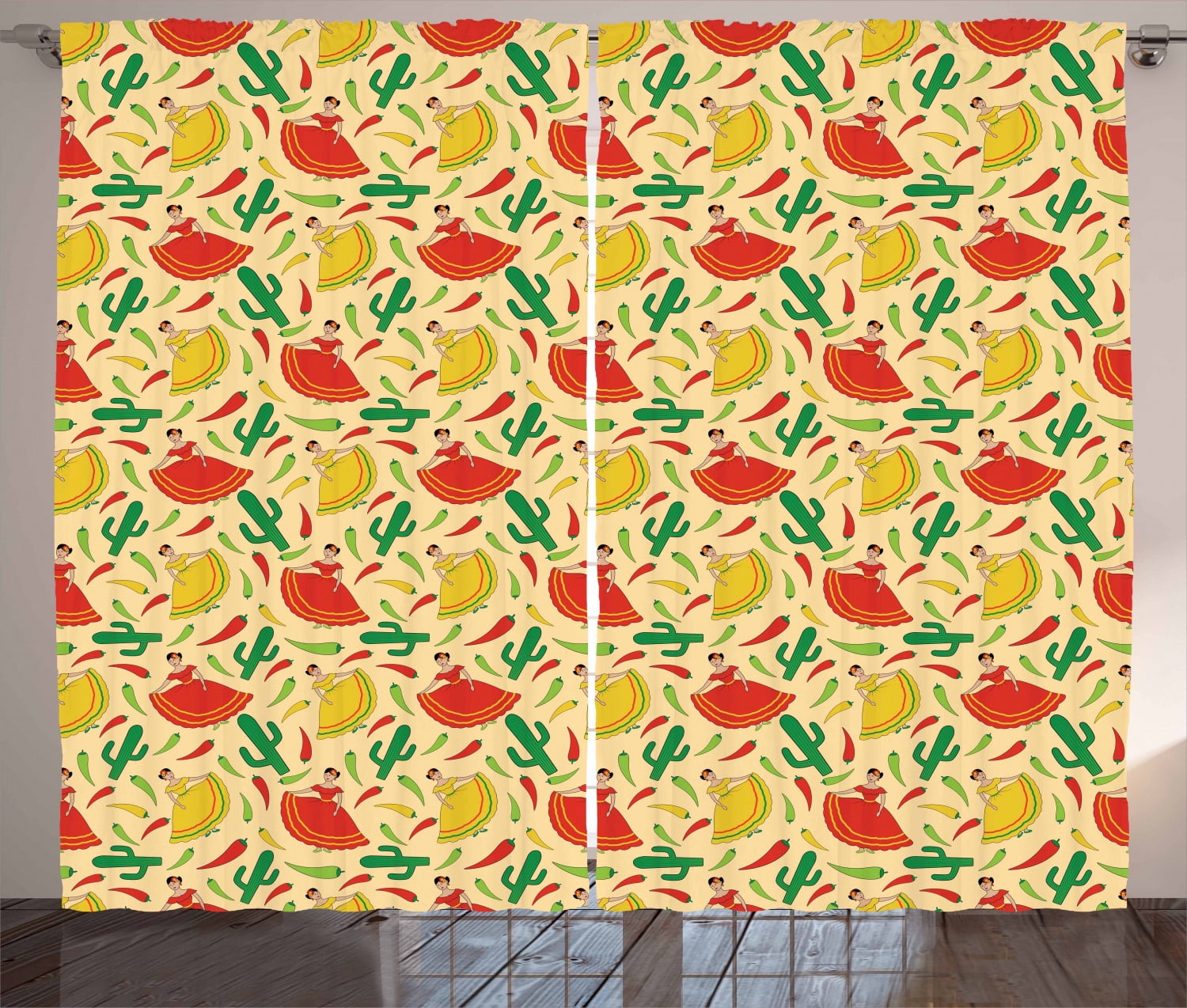 Spanish Curtains 2 Panels Set, Dancing Mexican Women Cactus and Chili ...