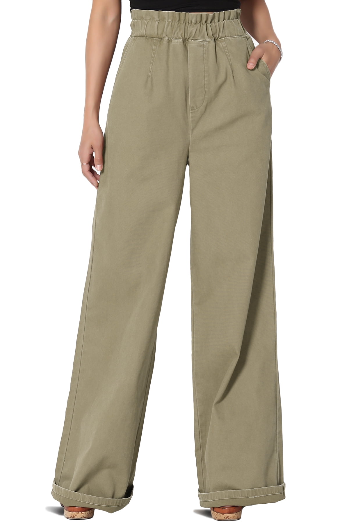 Themogan Womens Tall Plus Twill Paperbag Elastic High Waist Baggy Wide
