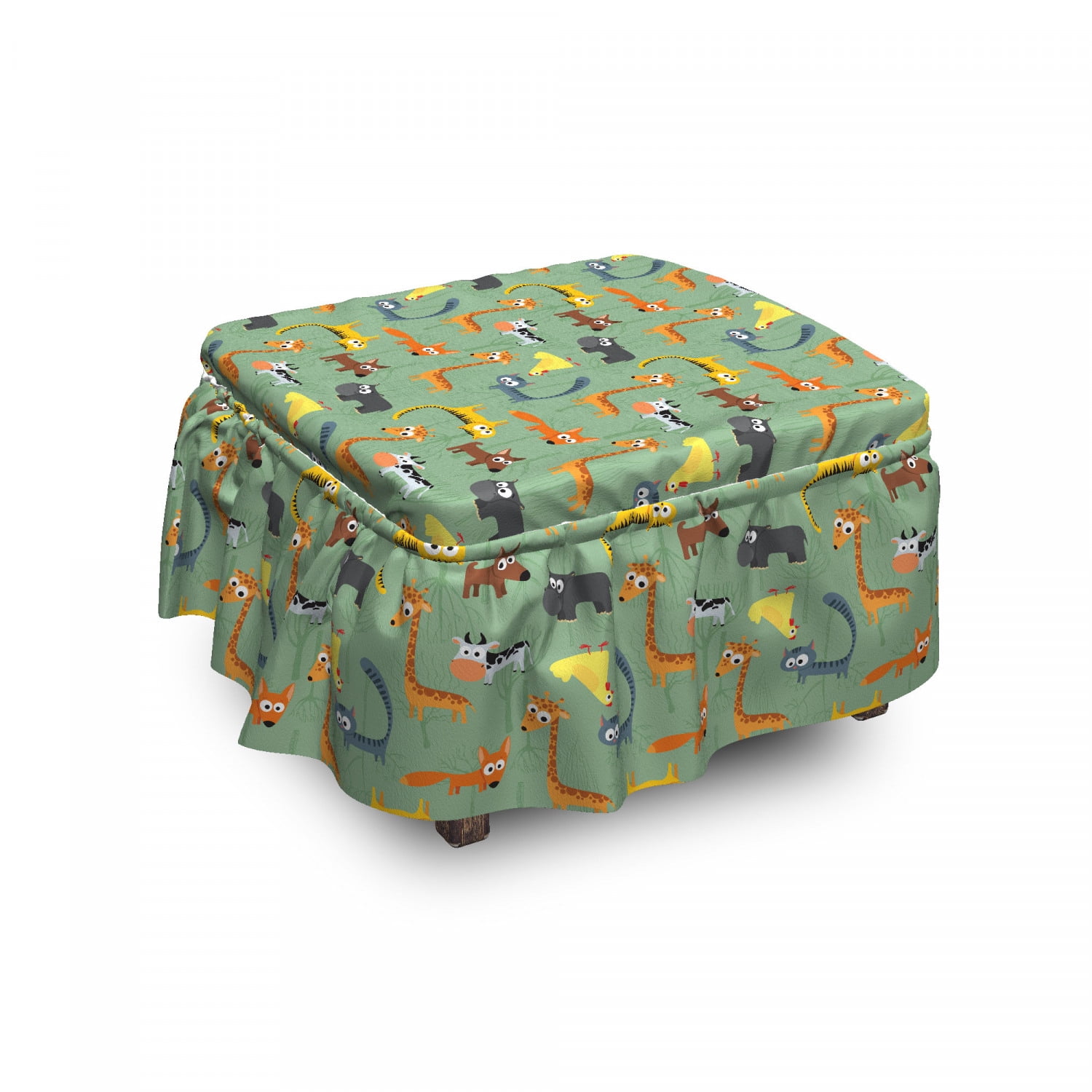 Cartoon Ottoman Cover, Art Zoo Animals Friends, 2 Piece Slipcover Set ...