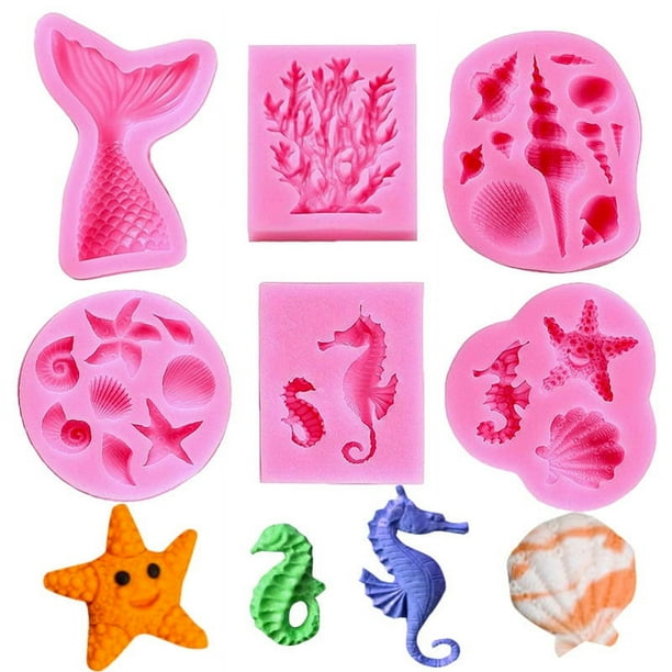 Mermaid Theme Cake Silicone Molds - Seahorse, Starfish, Seashell, Coral ...