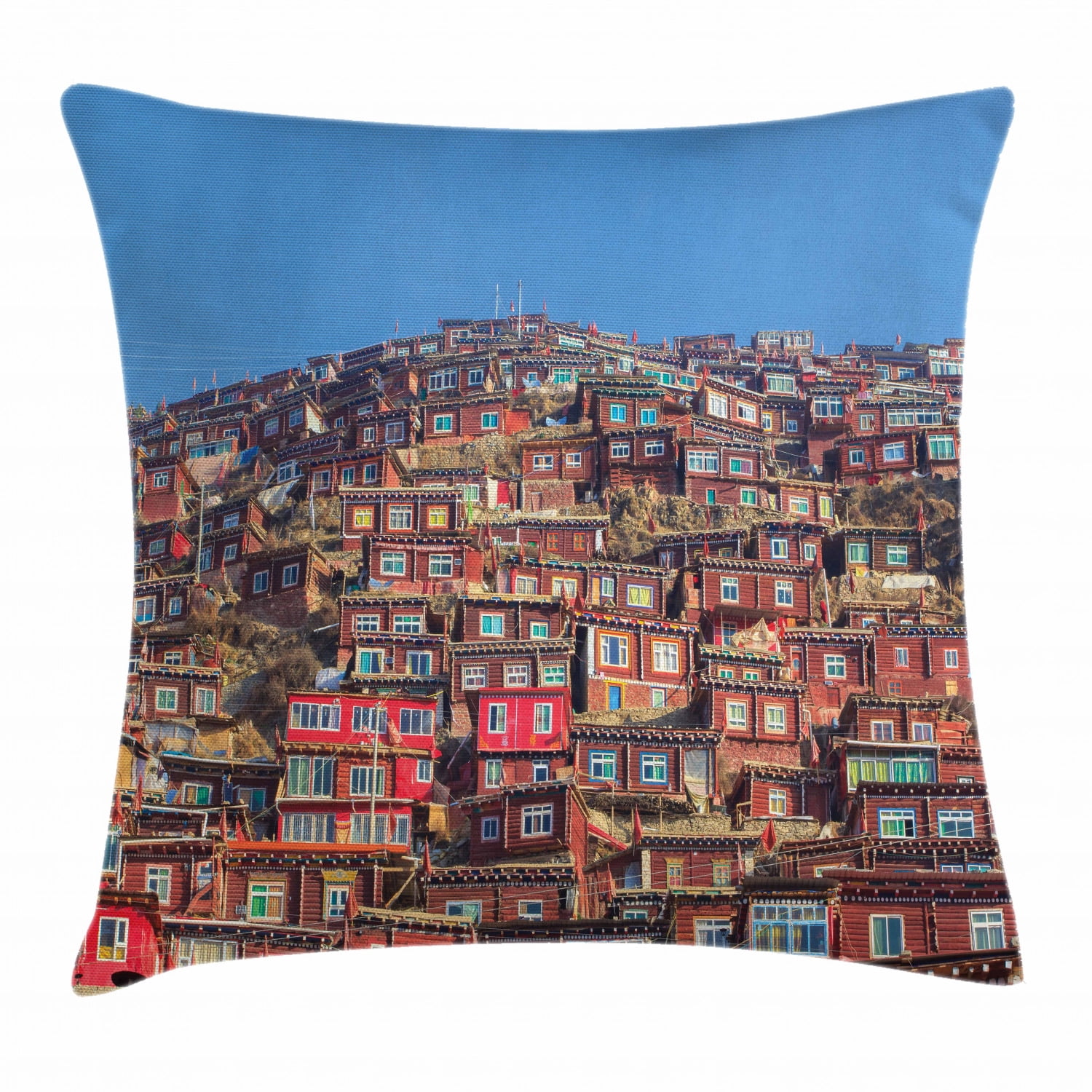 Tibetan Throw Pillow Cushion Cover, Old Houses at Larung Gar in Clear ...