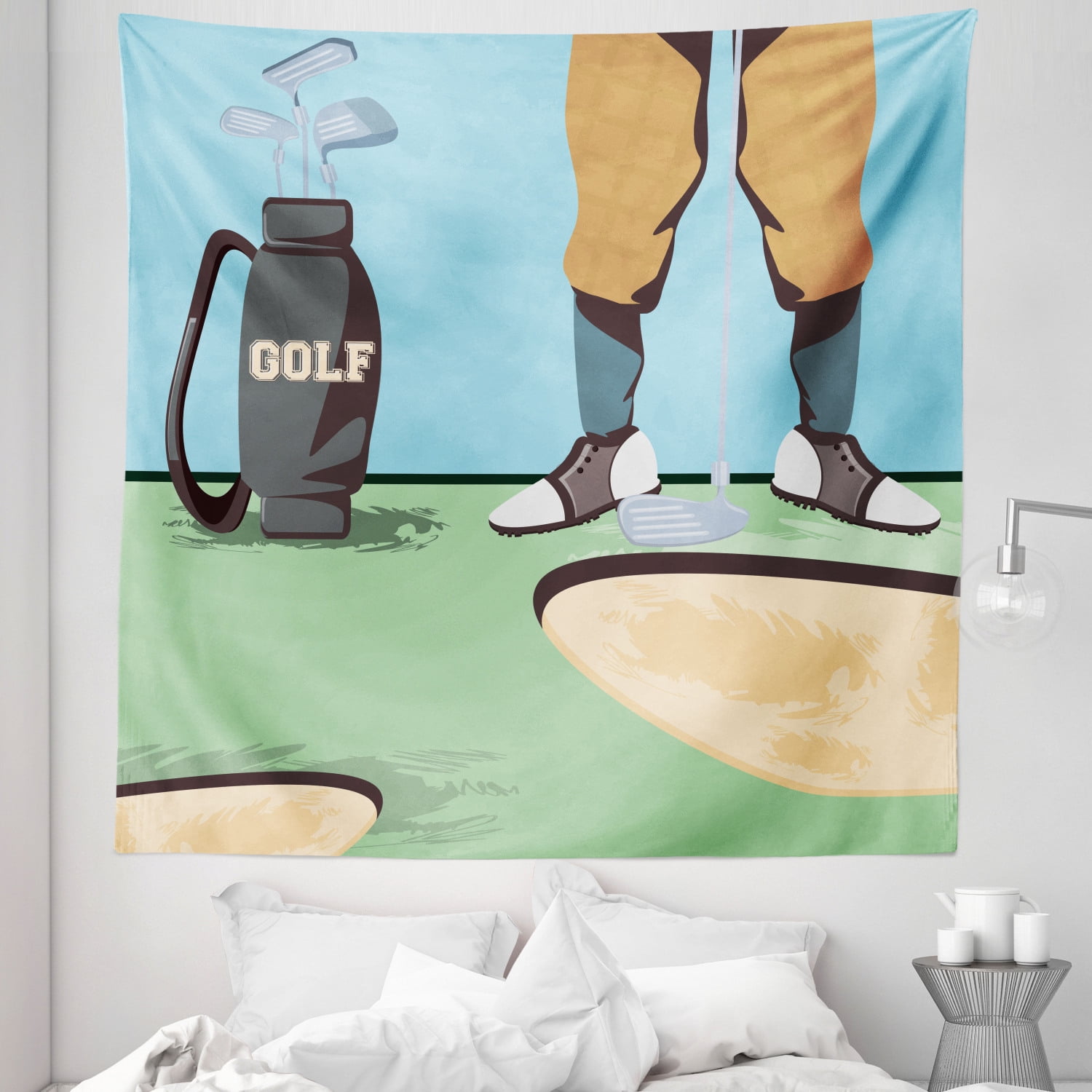 Golf Course Scene Tapestry, Golfer Man Feet with Lofter and Bag Cartoon ...