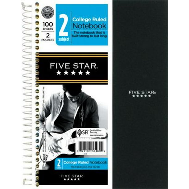 Five Star Spiral Notebook, 2 Subject, College Ruled Paper, 100 sheets, 9-1/2" x 6", Color ...