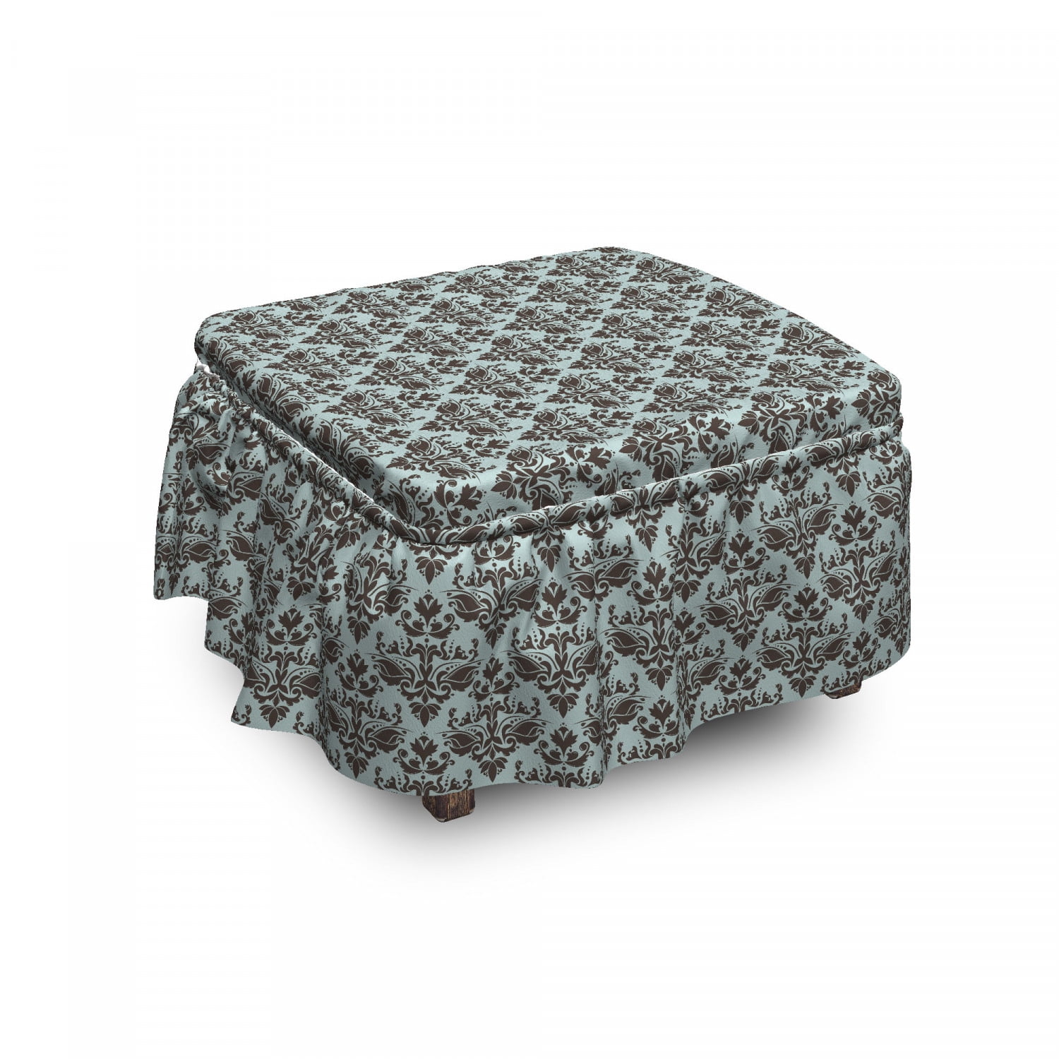 Damask Ottoman Cover, Damask Shapes Motif, 2 Piece Slipcover Set with ...