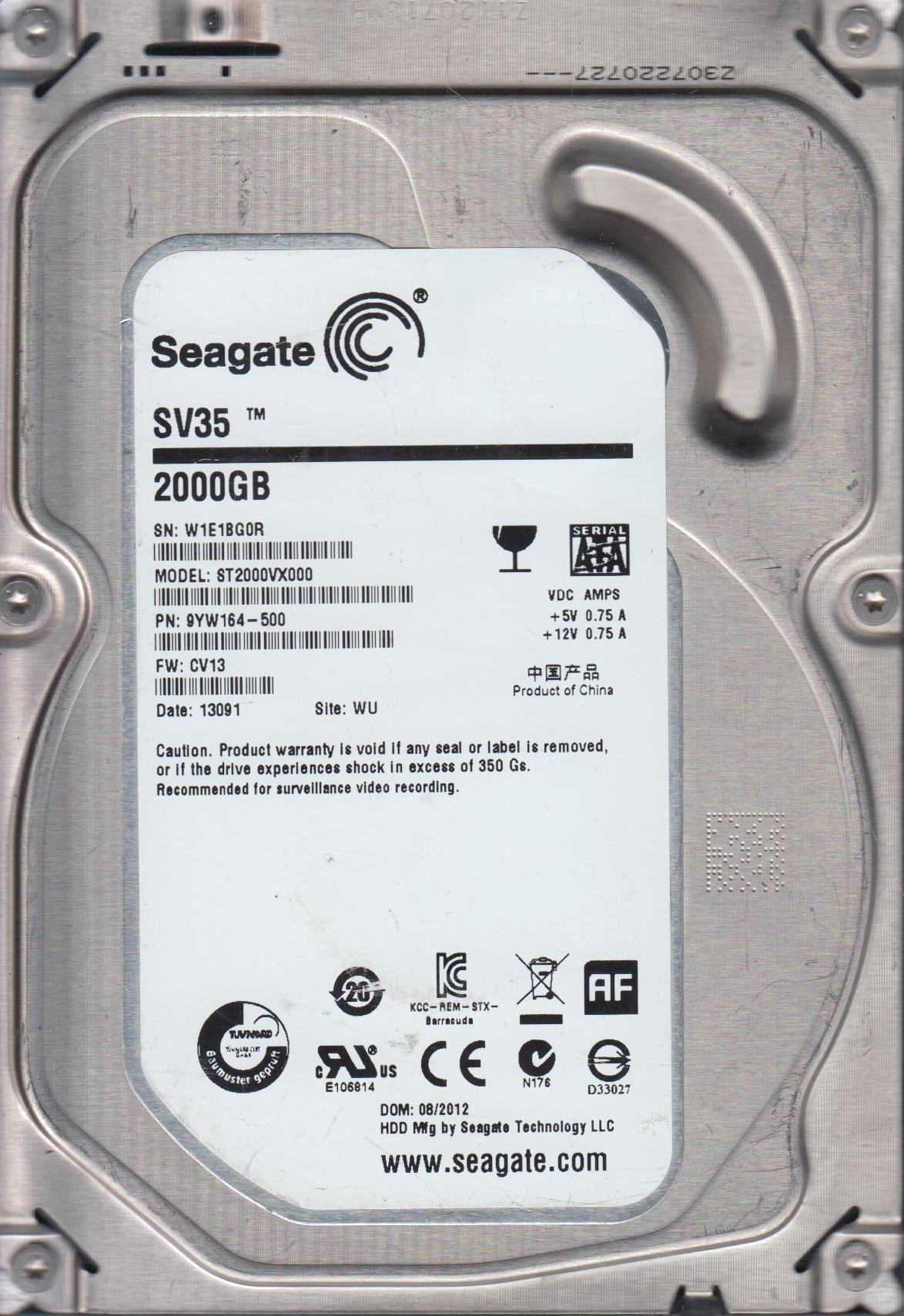 ST2000VX000, W1E, WU, PN 9YW164-500, FW CV13, Seagate 2TB SATA 3.5 Hard ...