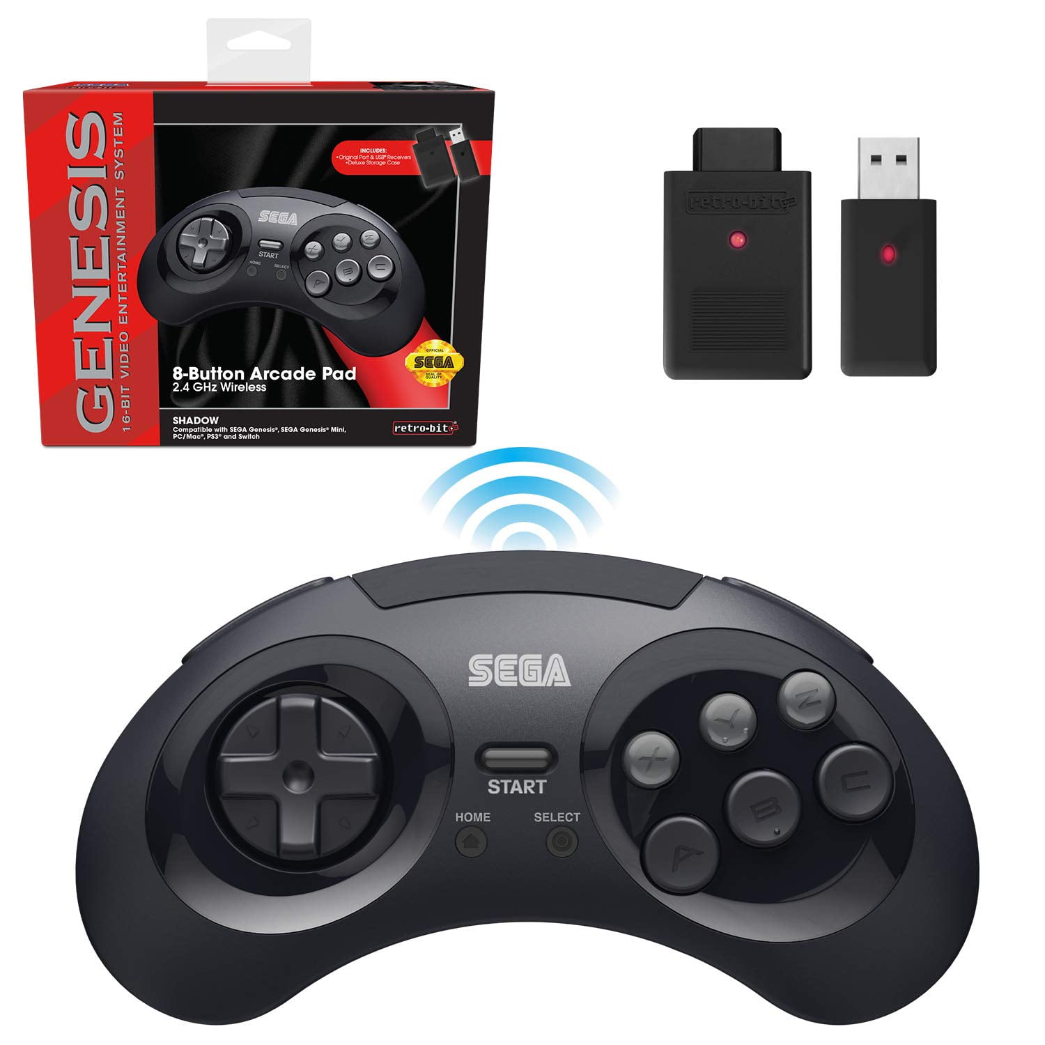 Retro-Bit Sega Genesis 2.4 GHz Wireless Controller 8-Button Arcade Pad ...
