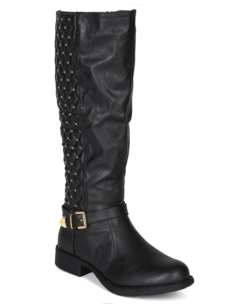 Bumper BF71 Women Leatherette Quilt Studs Strap Riding Calf High Boot ...