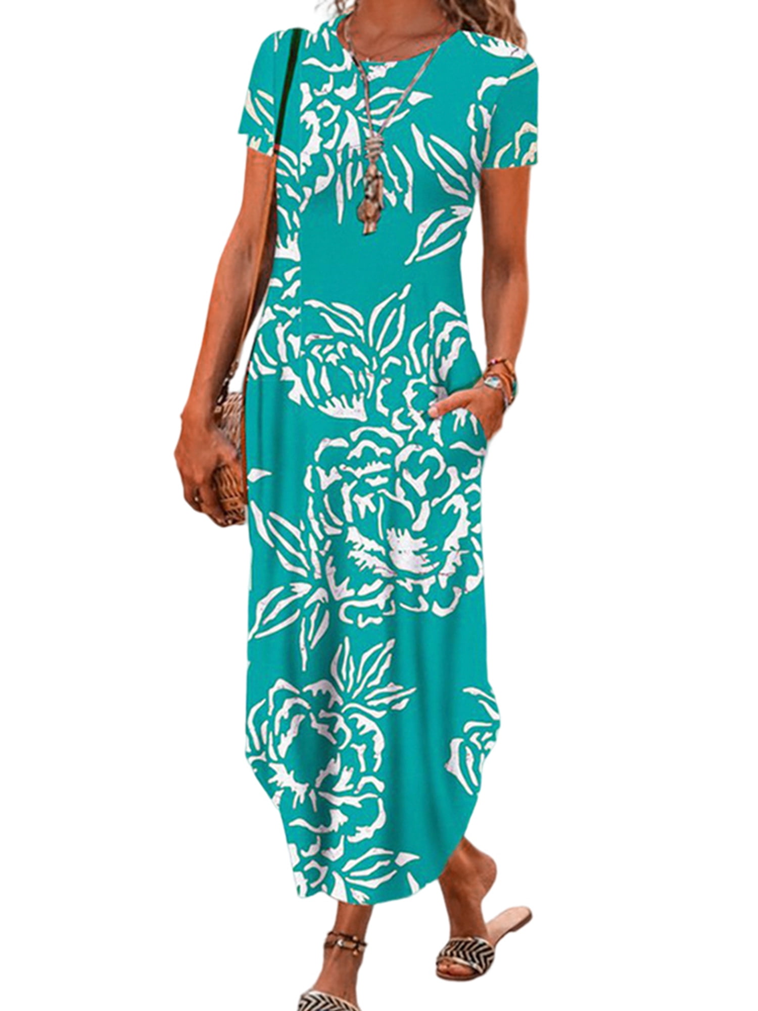 DYMADE Retro Pockets Frock Short Sleeve Midi Long Women Dress - Walmart.com