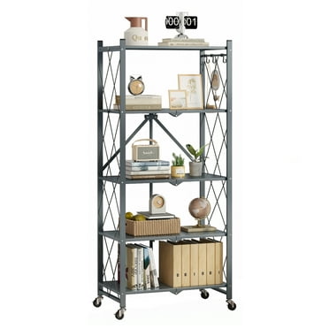 HONGGE Folding Shelf 5-Tier Foldable Storage Shelves with Wheels for ...