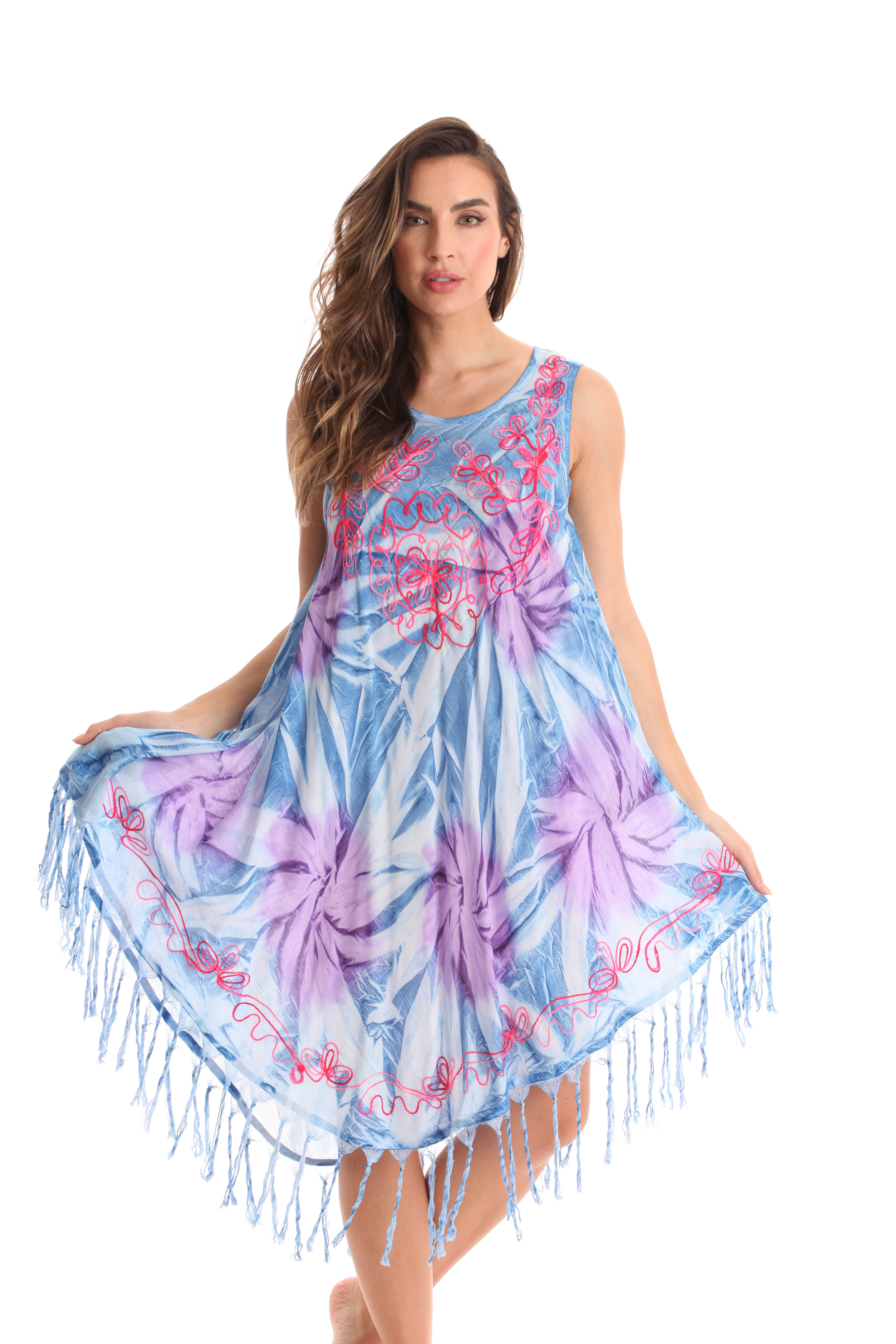 Riviera Sun Ombre Tie Dye Summer Dress with Floral Painted Design (Navy ...