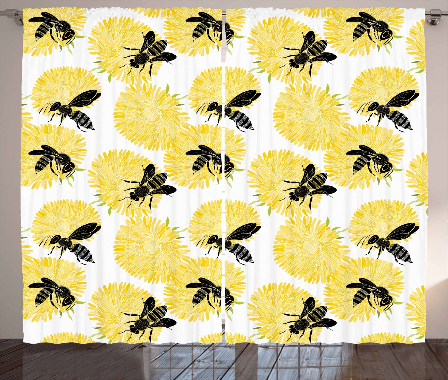 Bee Curtains 2 Panels Set, Bees and Dandelion Flowers in Nature Detail ...