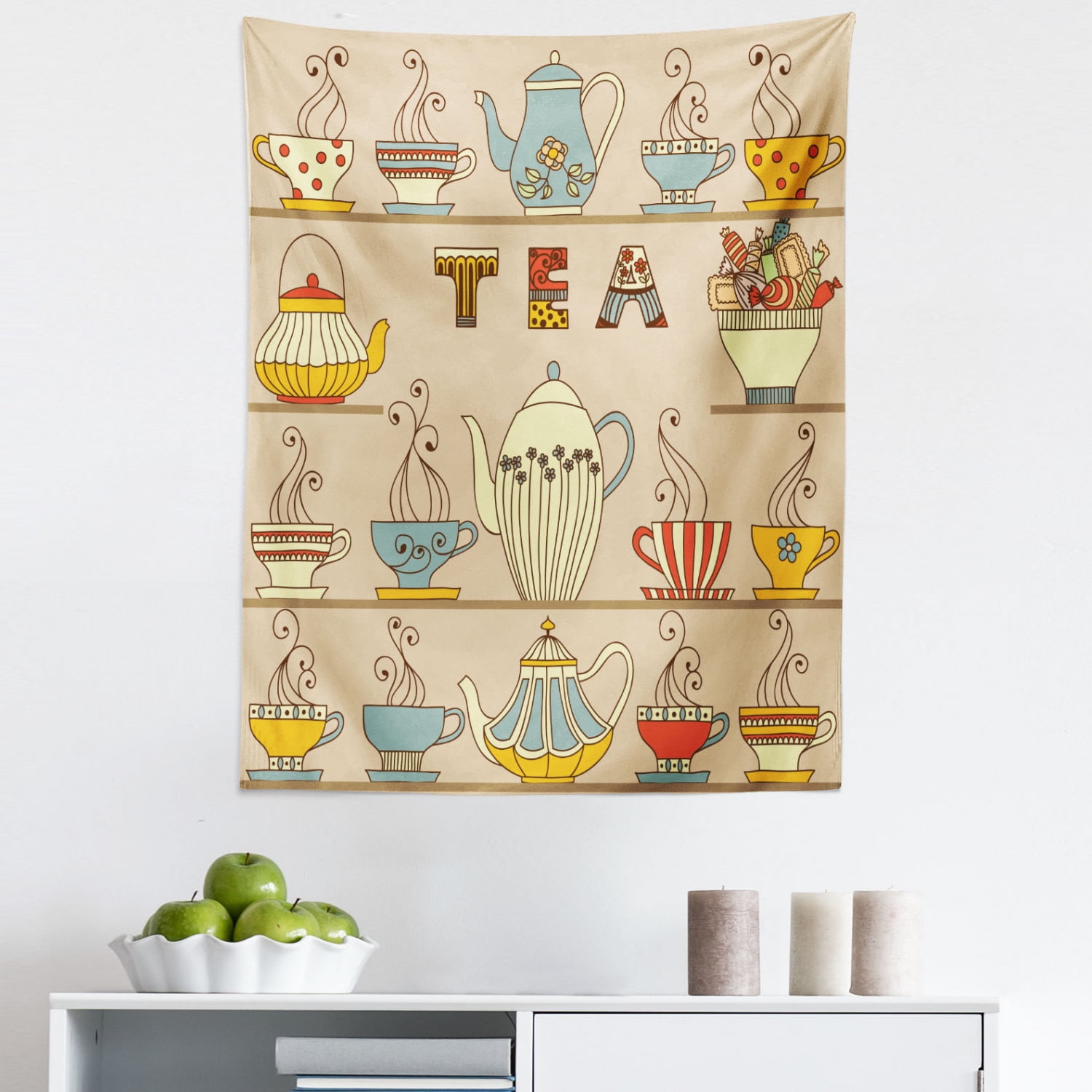 Tea Tapestry, Ornamental Teapots Cups Old Fashioned Afternoon Kitchen ...