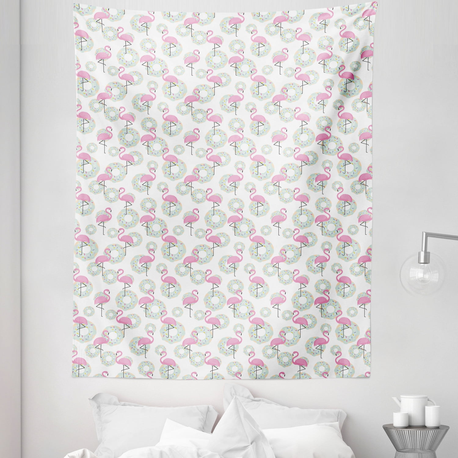 Flamingo Tapestry, Pink Flamingos and Donuts Tropical Hawaiian Animals ...