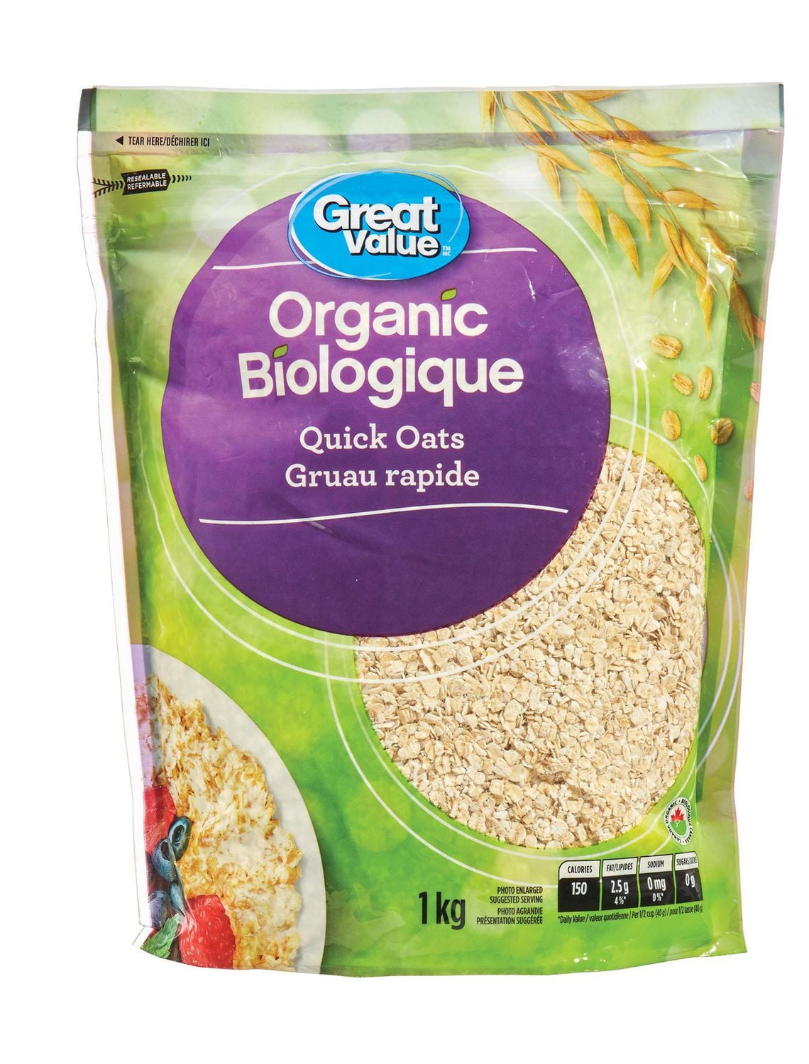 Great Value Organic Quick Oats, 100% Whole Grain Organic Rolled Oats ...