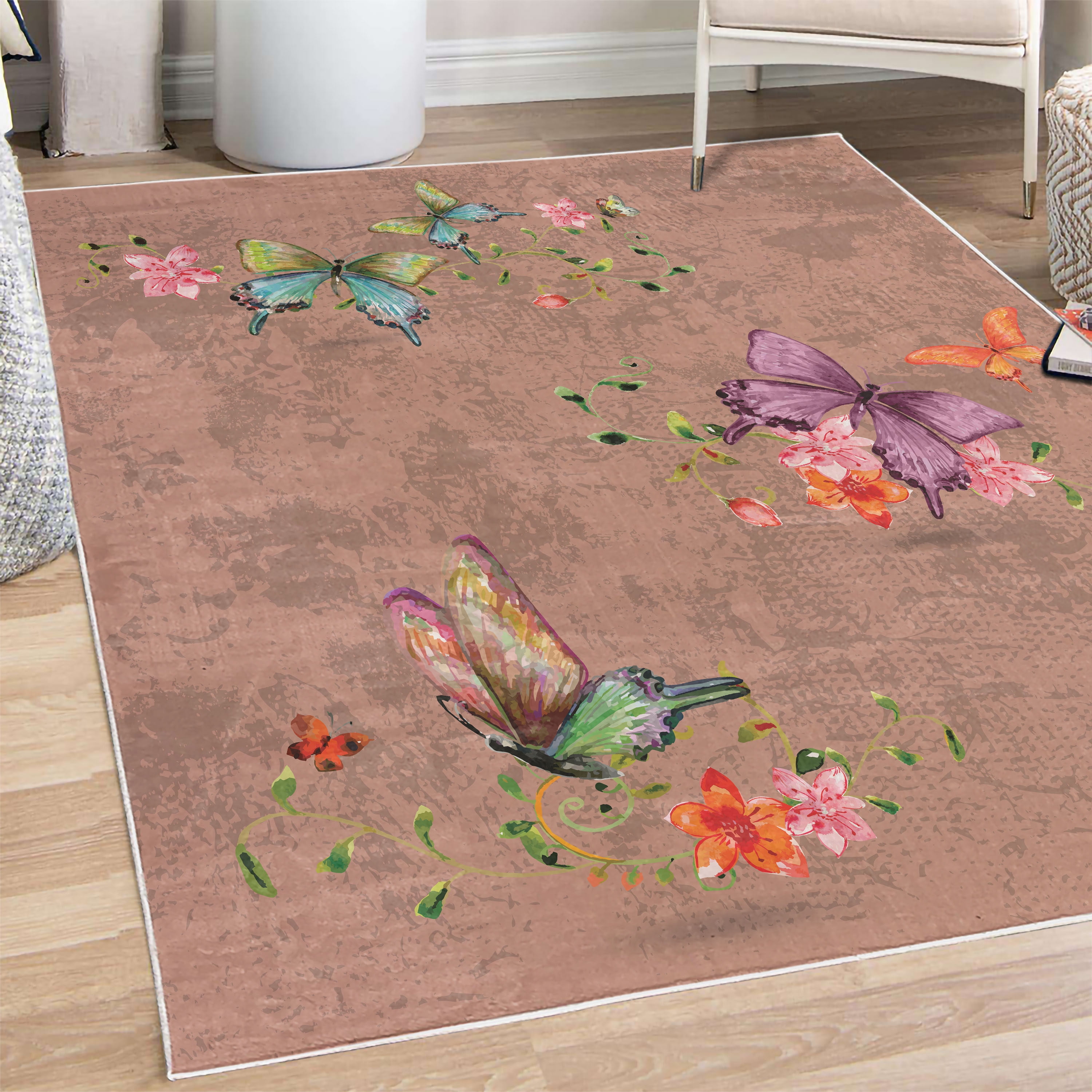 Butterfly Decorative Rug, Springtime Flying Moths on Vintage Style ...