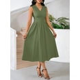 Army Green Sleeveless V-Neck Midi Dress With Pleated Skirt And Woven ...