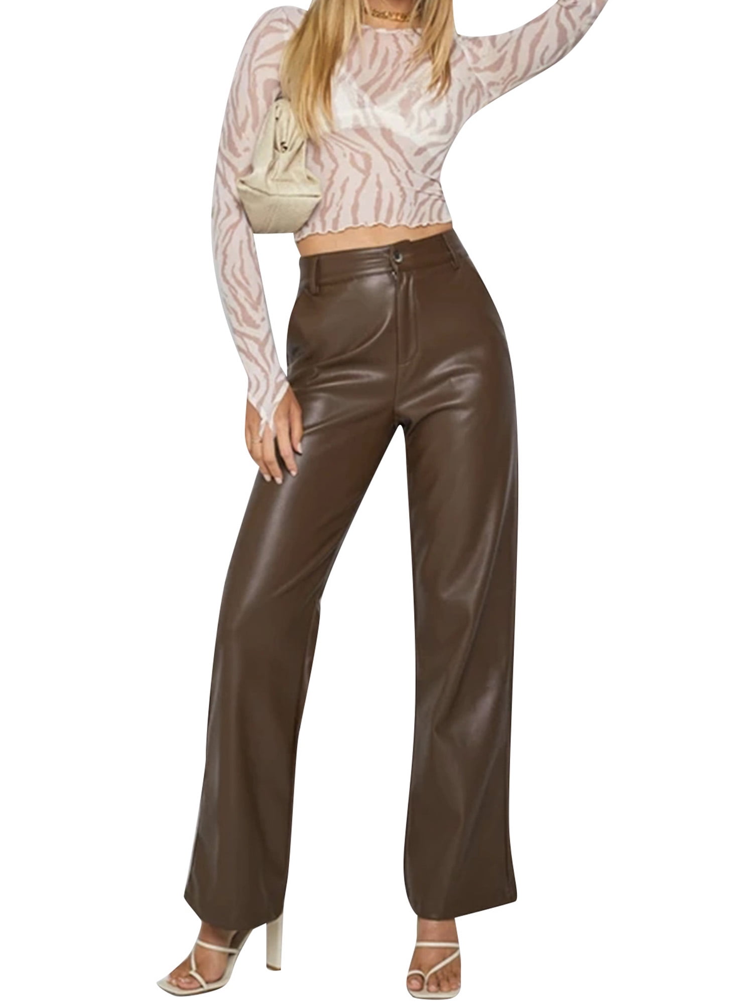 Aunavey Women's Faux Black PU Leather Pants High Waist Straight Wide ...