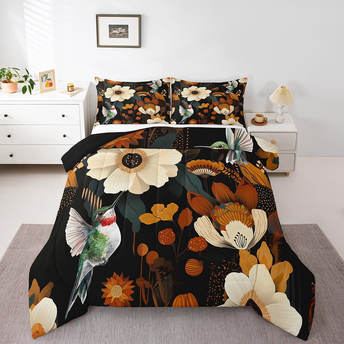 YST Tropical Floral Full Bedding Sets Humming Bird Comforter Set, White ...
