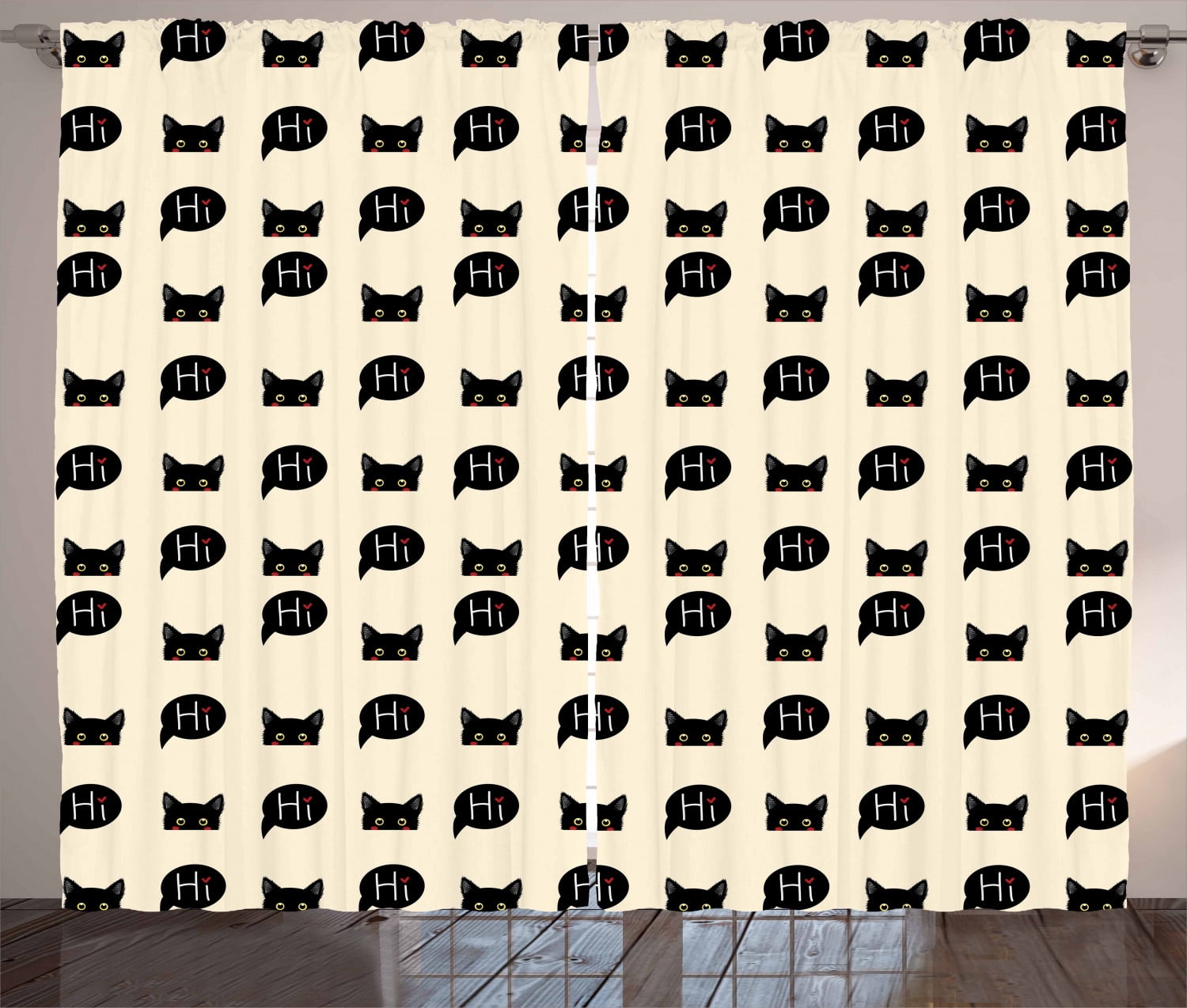 Cat Curtains 2 Panels Set, Young Black Kitties Sneaking on and Saying ...