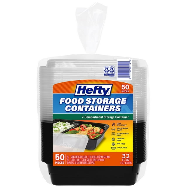 Hefty Food Storage Containers Two Compartment with Lids 32 fl. oz., 50 ...