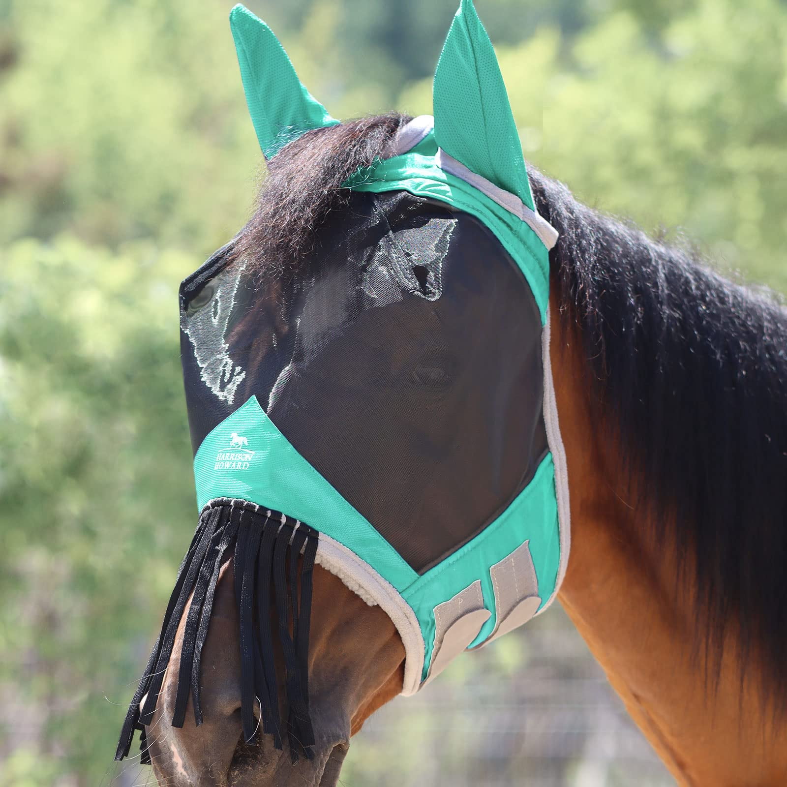 Harrison Howard CareMaster Horse Fly mask with Ears and Nose Fringe Fly ...