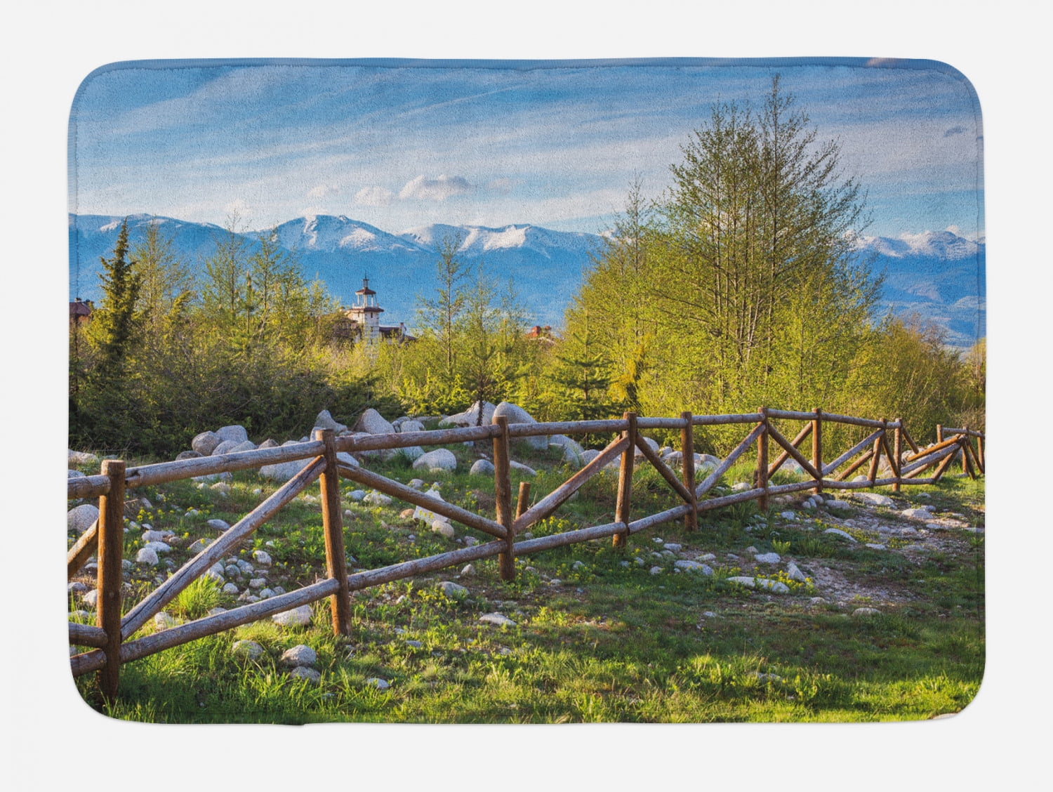 Farmland Bath Mat, Artsy Idyllic Scene with Tree Trunk Plank and Snow ...