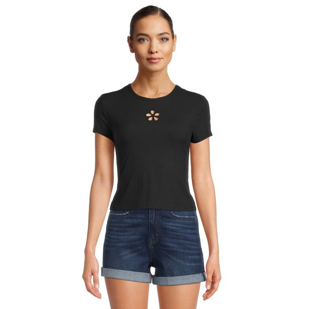 No Boundaries Juniors’ Cutout Tee with Short Sleeves - Walmart.com