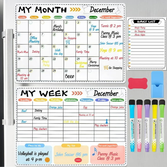 Acrylic Magnetic Weekly Calendar For Fridge W/ 8 Color Markers Dry ...